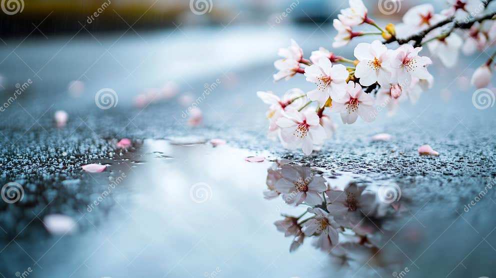 Reflection of a Blooming Cherry Tree in a Rain Puddle with Minimalist ...