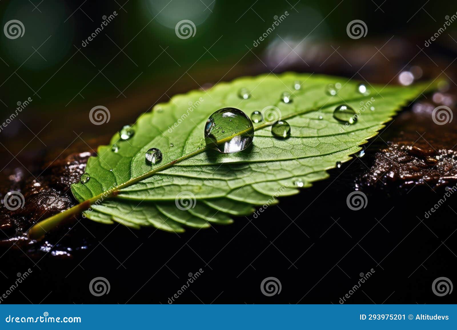 A Single Raindrop on a Leaf, Reflecting a Tranquil Forest Scene Stock ...
