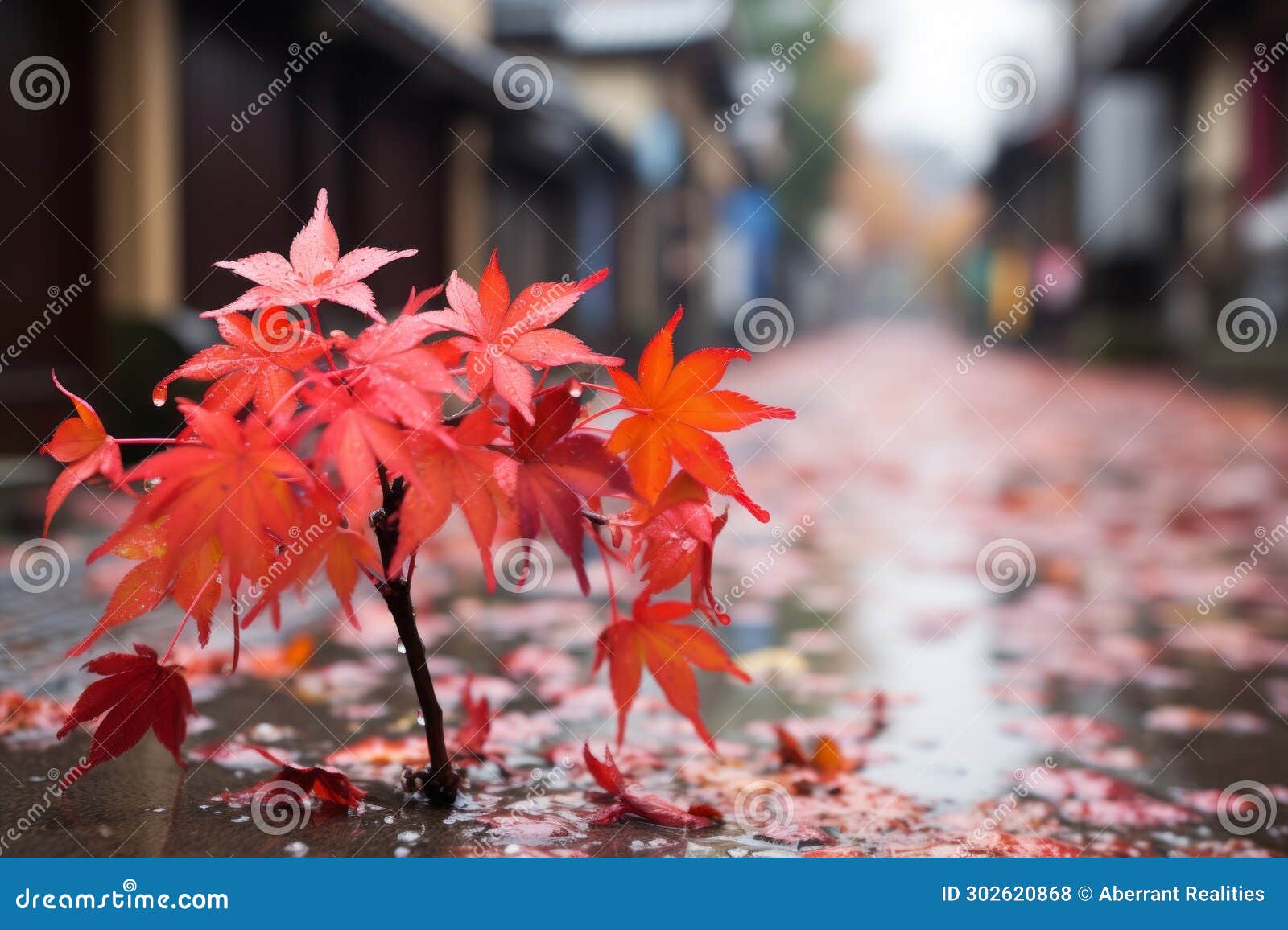 A Single Red Maple Tree in the Middle of a Wet Street Stock ...