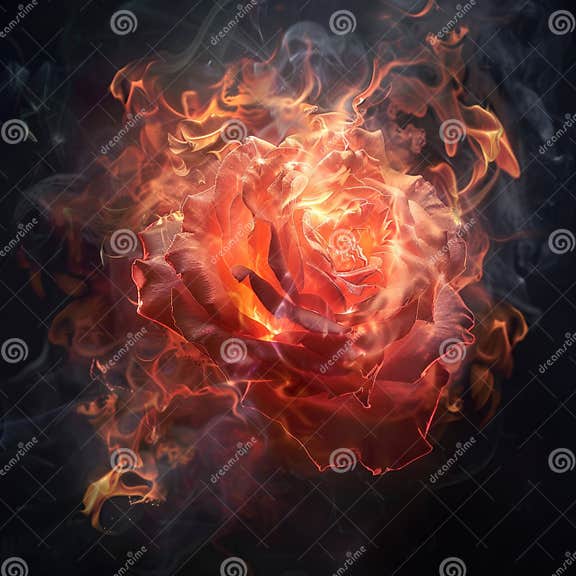 A Single Red Rose with Flames in the Center Stock Image - Image of love ...