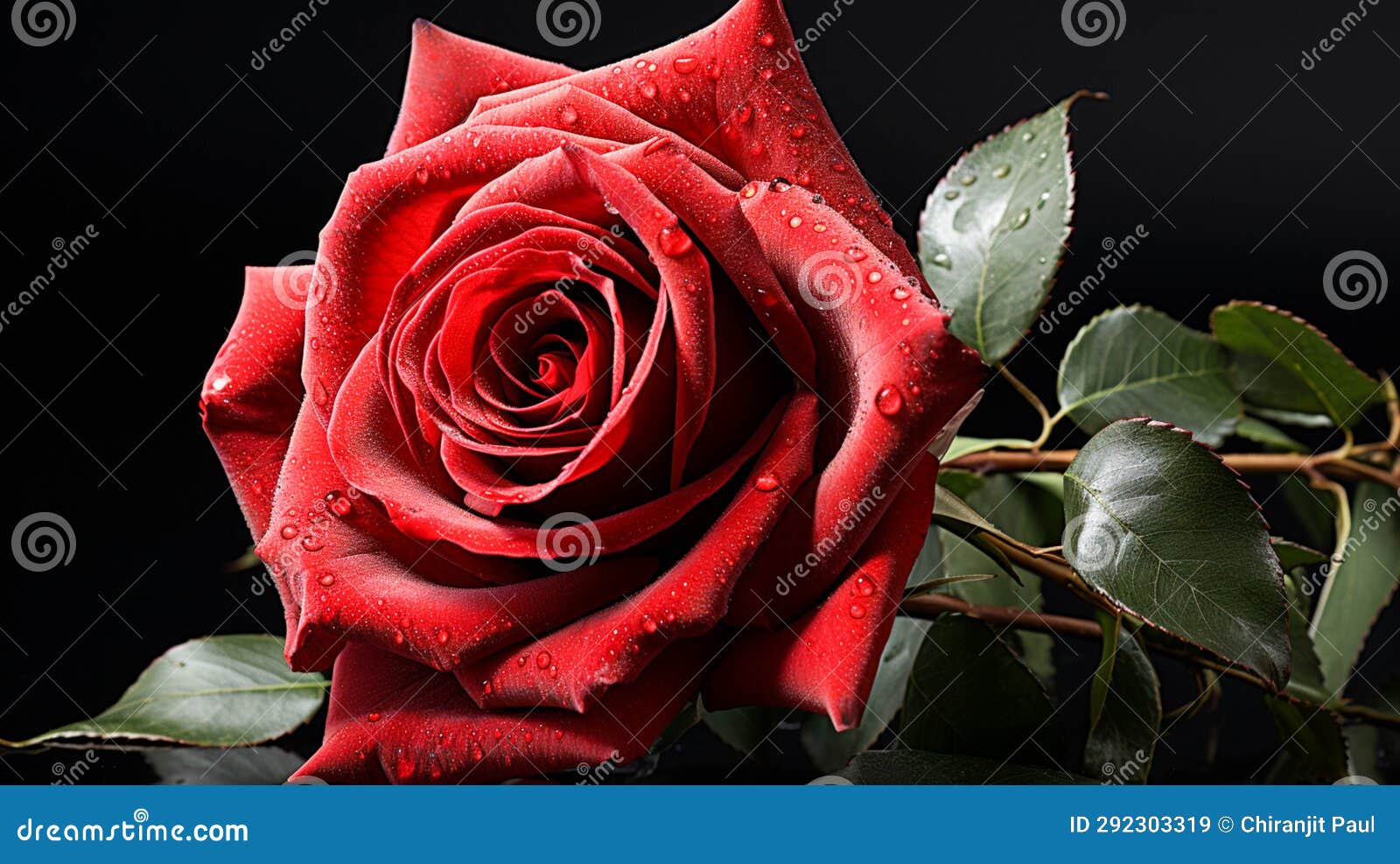 A Single Red Rose with Green Leaves on Black Background Stock Image ...