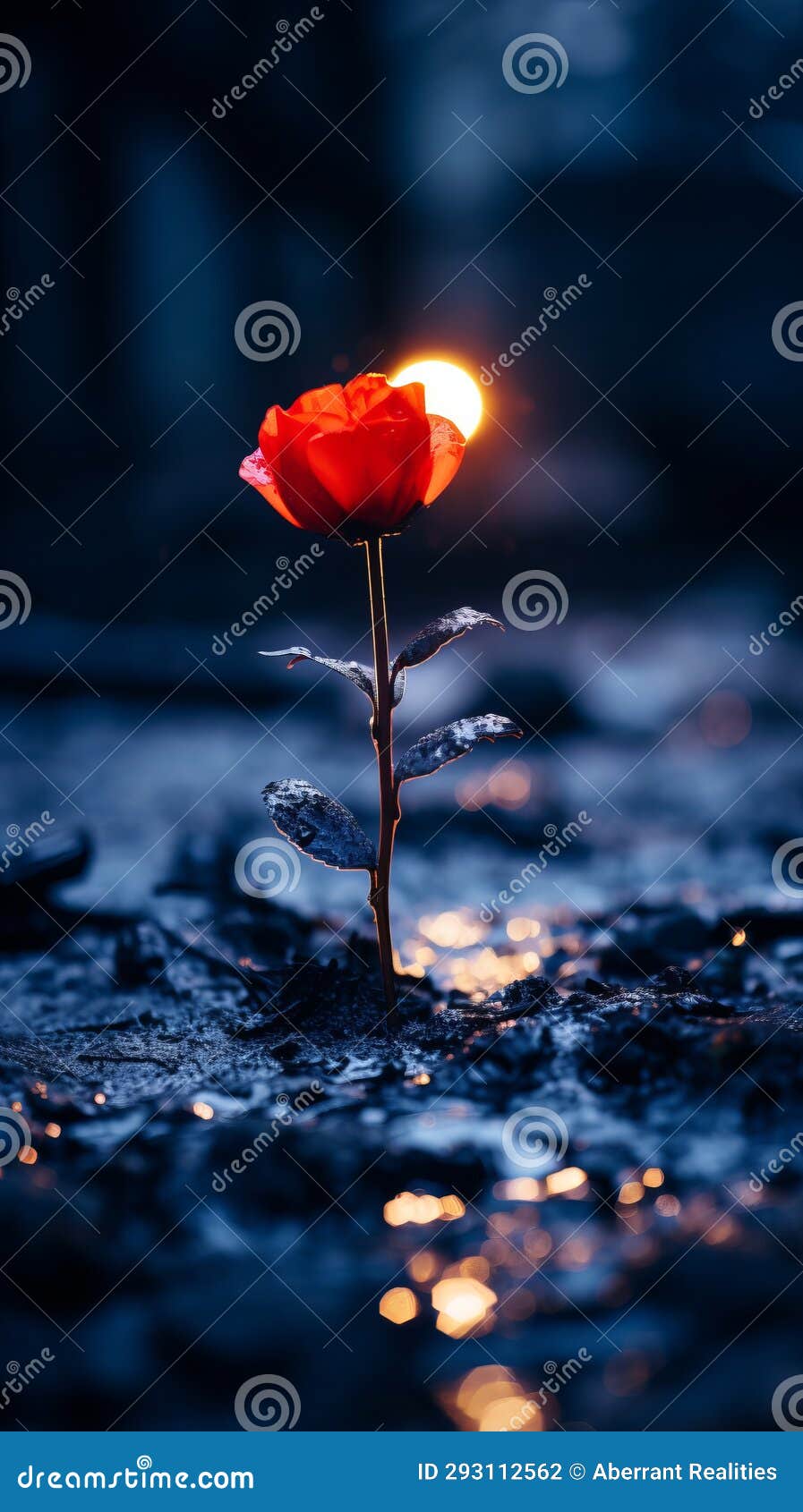 A Single Red Rose Growing Out of the Ground in the Dark Stock ...