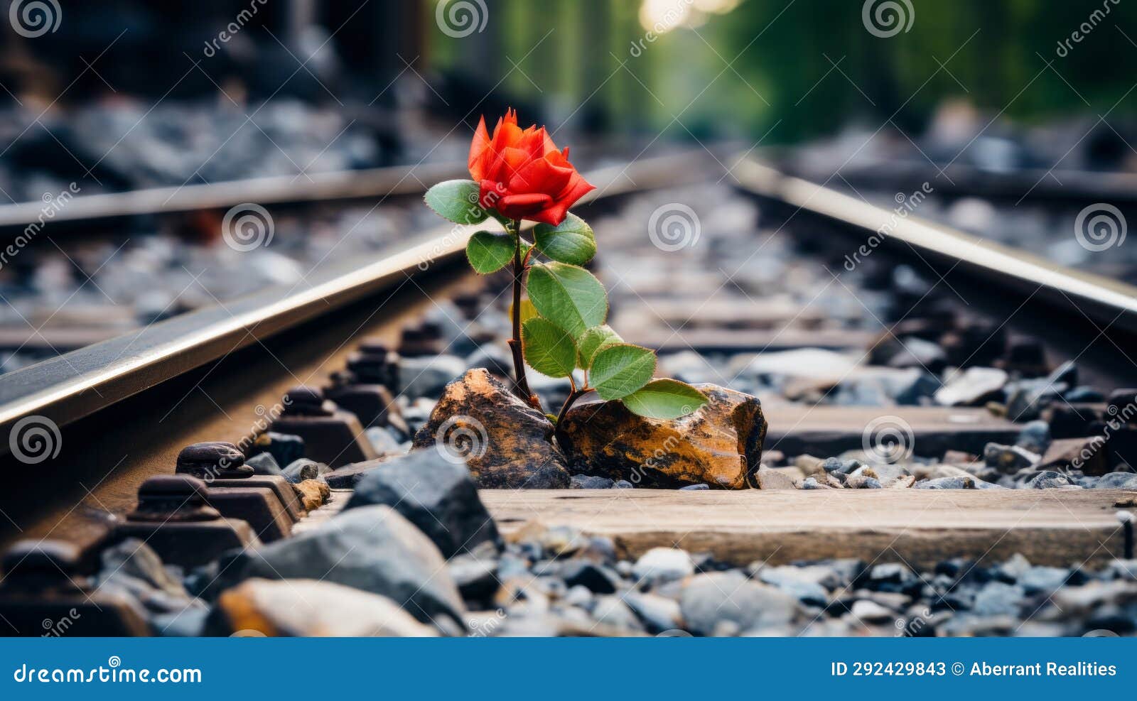 A Single Red Rose Growing on the Side of a Railroad Track Stock ...