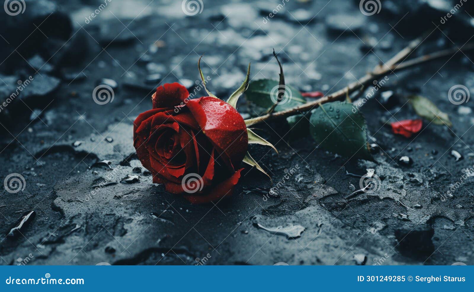A Single Red Rose Laying on a Wet Surface with Leaves, AI Stock Image ...