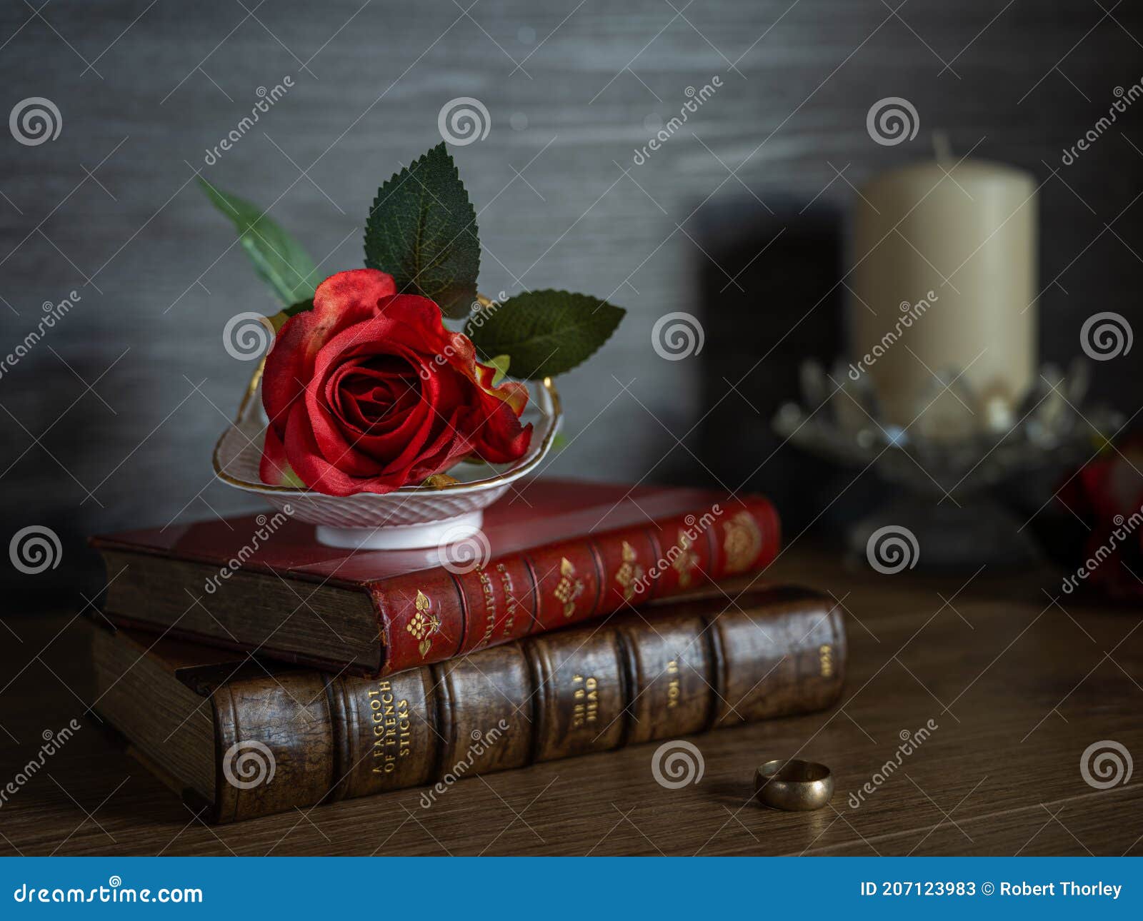 A Single Red Rose on a Leather Bound Books Stock Image - Image of ...