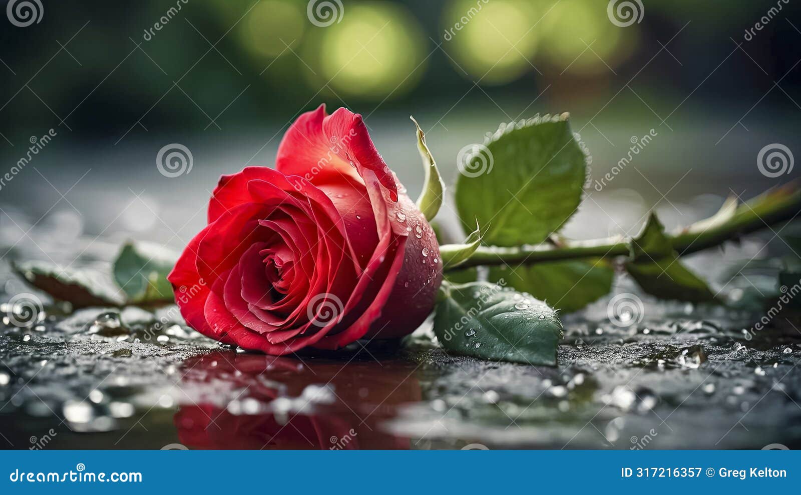 Single Red Rose Lying on Wet Surface with Raindrops Stock Illustration ...