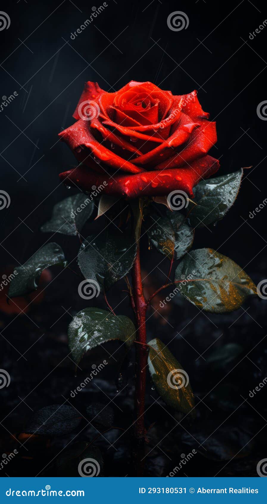 A Single Red Rose in the Rain on a Dark Background Stock Illustration ...