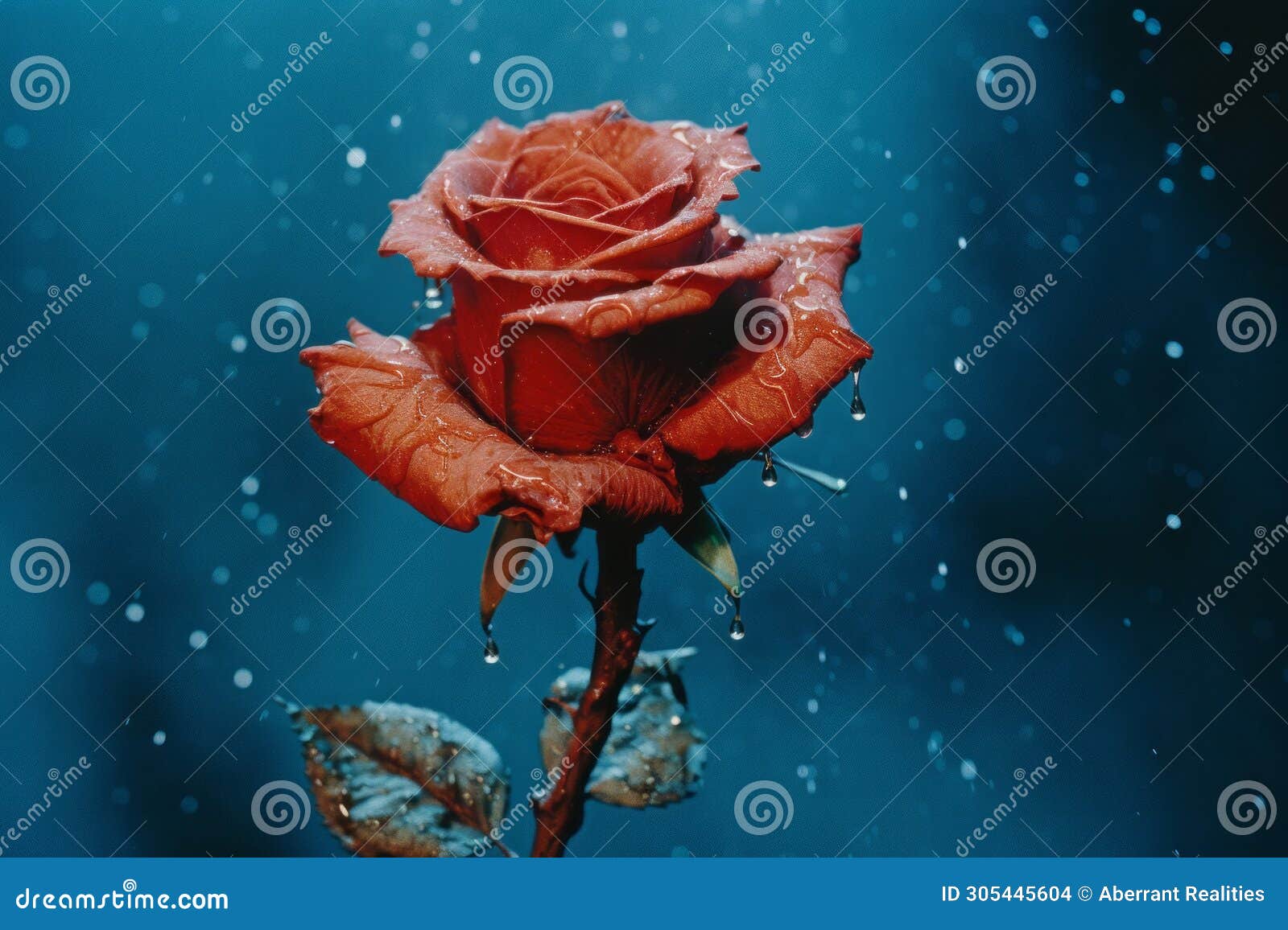 A Single Red Rose in the Rain with Water Droplets Stock Illustration ...
