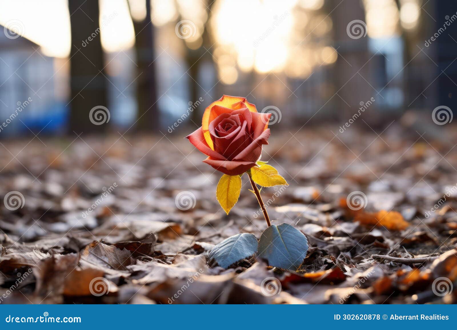 A Single Red Rose Sitting on the Ground in the Middle of Leaves Stock ...