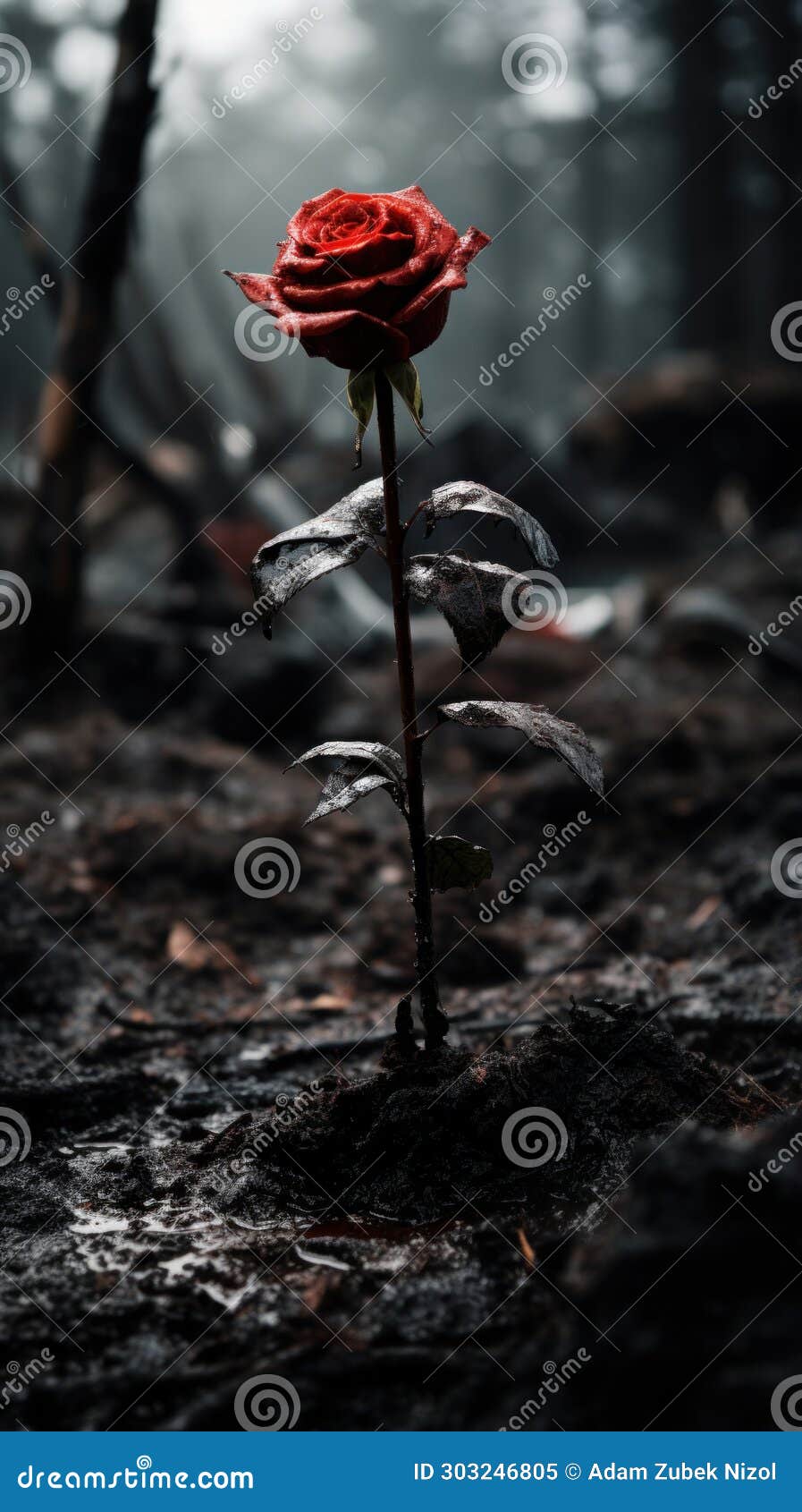 Single Red Rose Standing Strong in a Moody Forest Stock Illustration ...