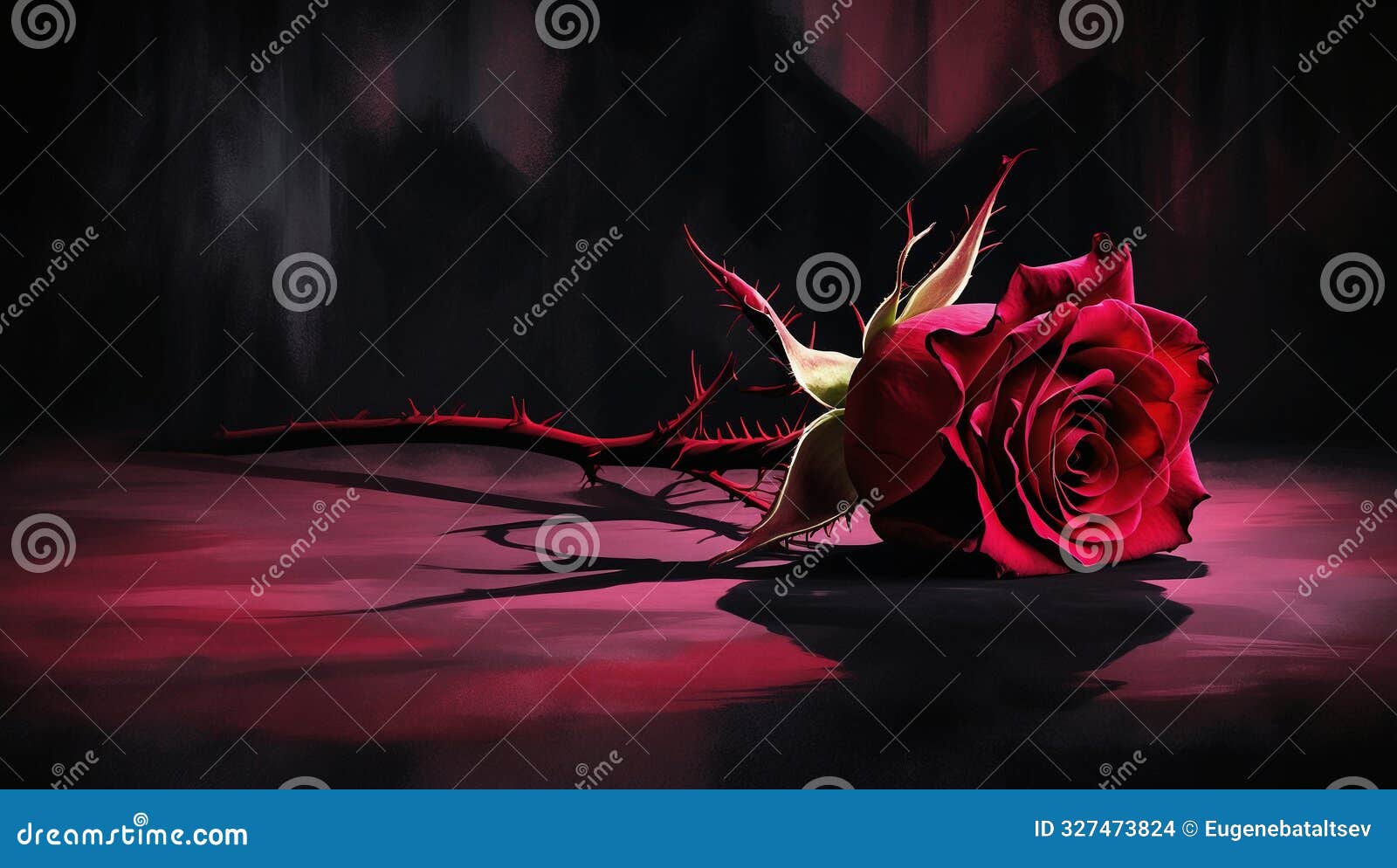 Single Red Rose with Thorns Lays on Dark Background. Rose is ...