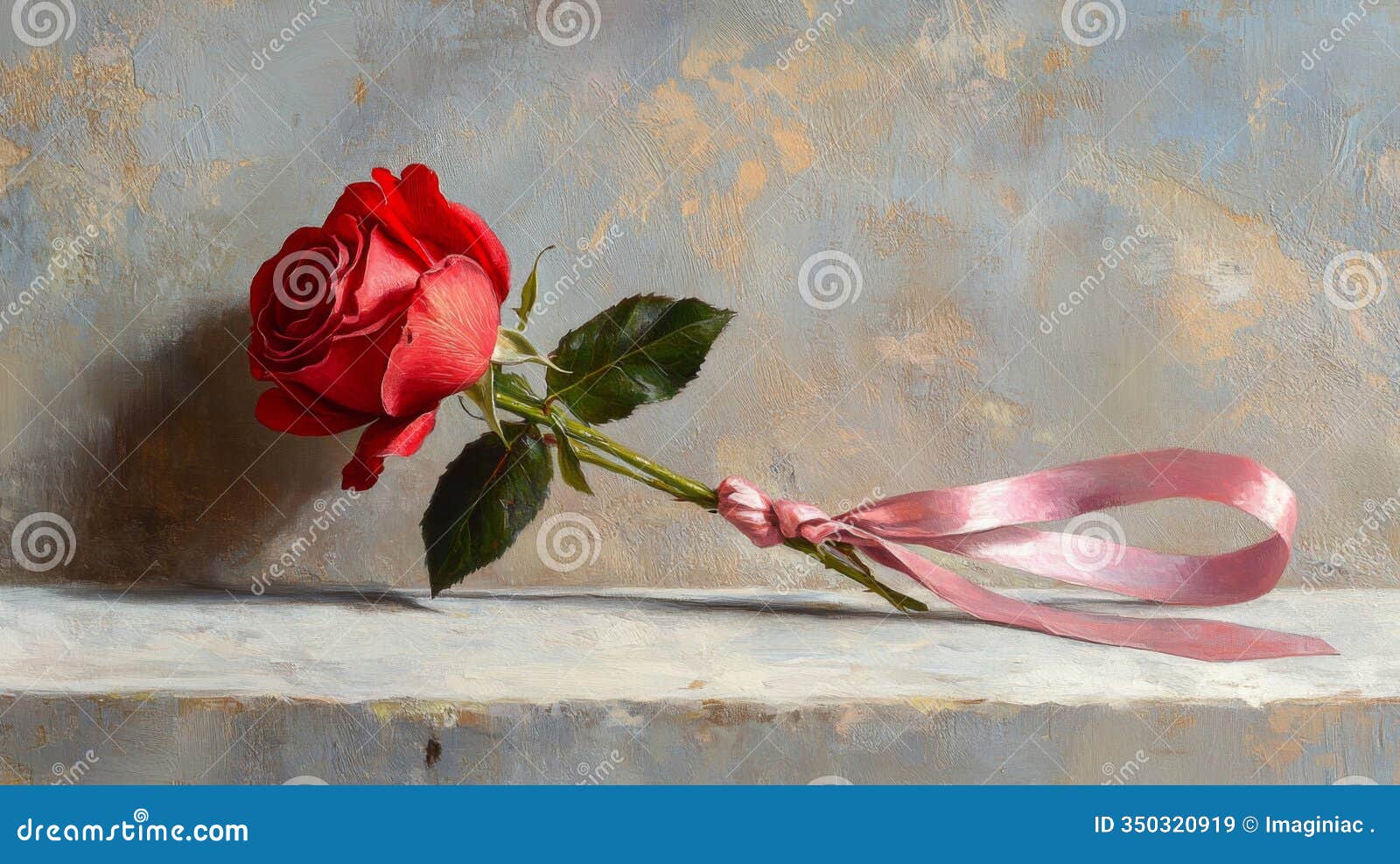 Single Red Rose Tied with Pink Ribbon on a Table Stock Illustration ...