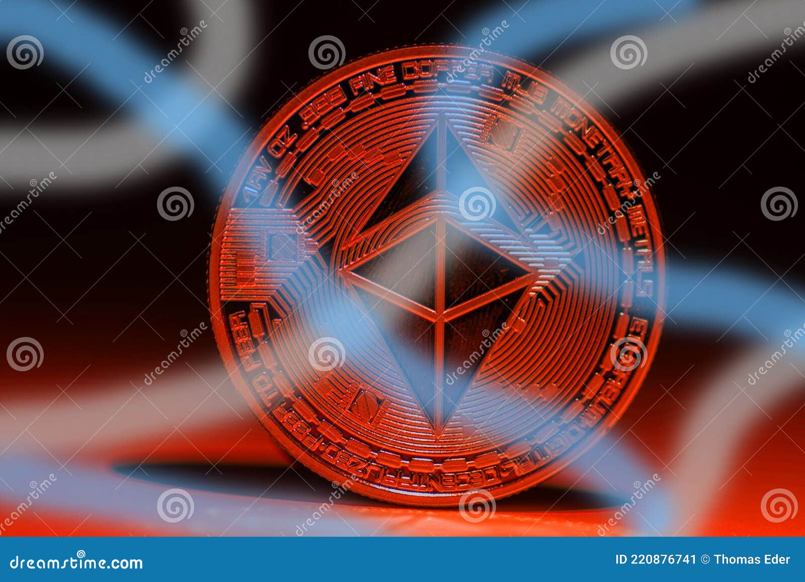 Single Red Shining Ether Coin from Ethereum with White and Blue Stipes ...
