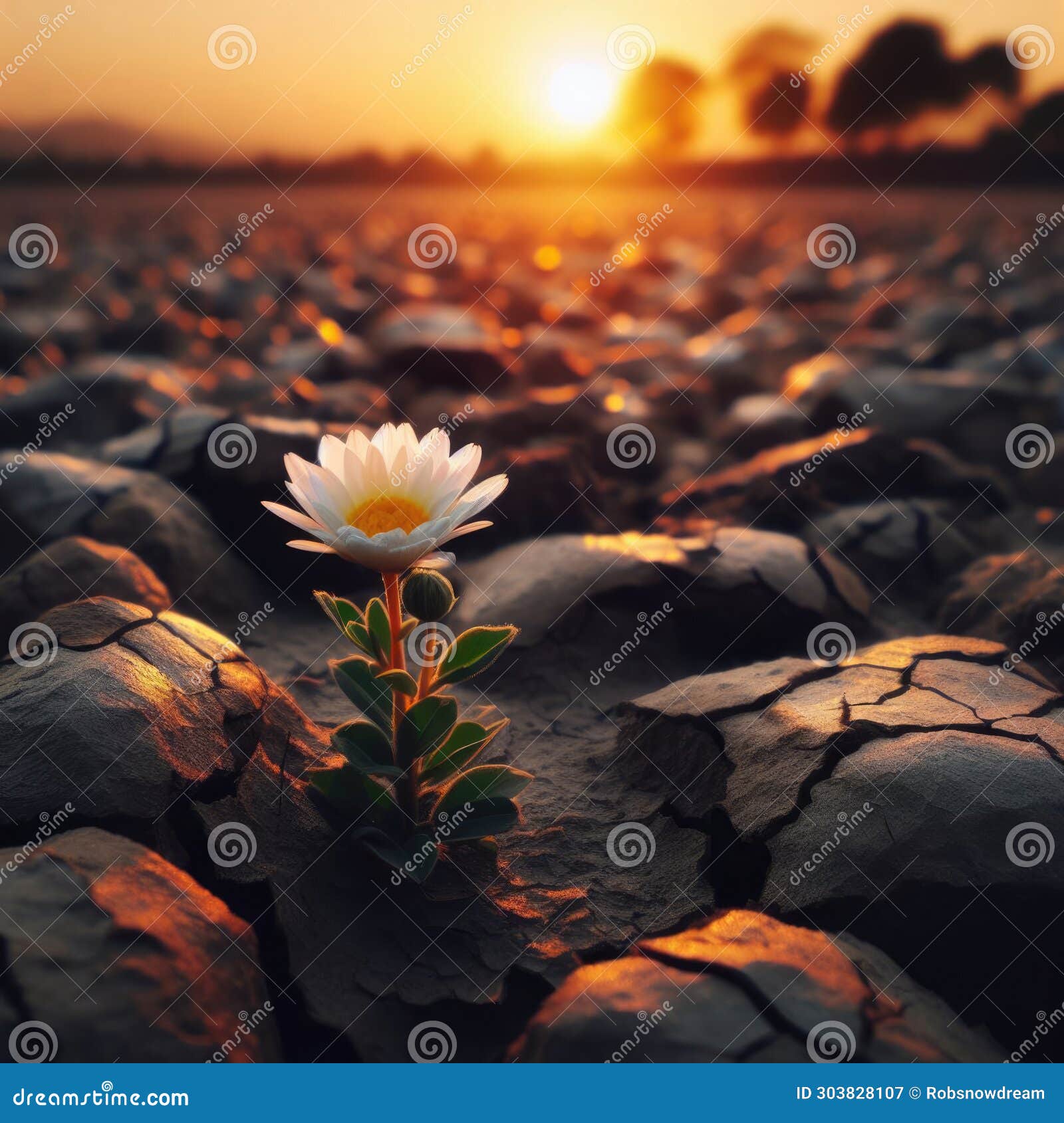 A Single Resilient Flower Grows among Desolate Rock Formations Stock ...