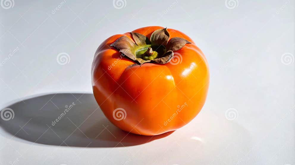 A Single Ripe Persimmon Fruit on a White Surface with a Shadow Stock ...