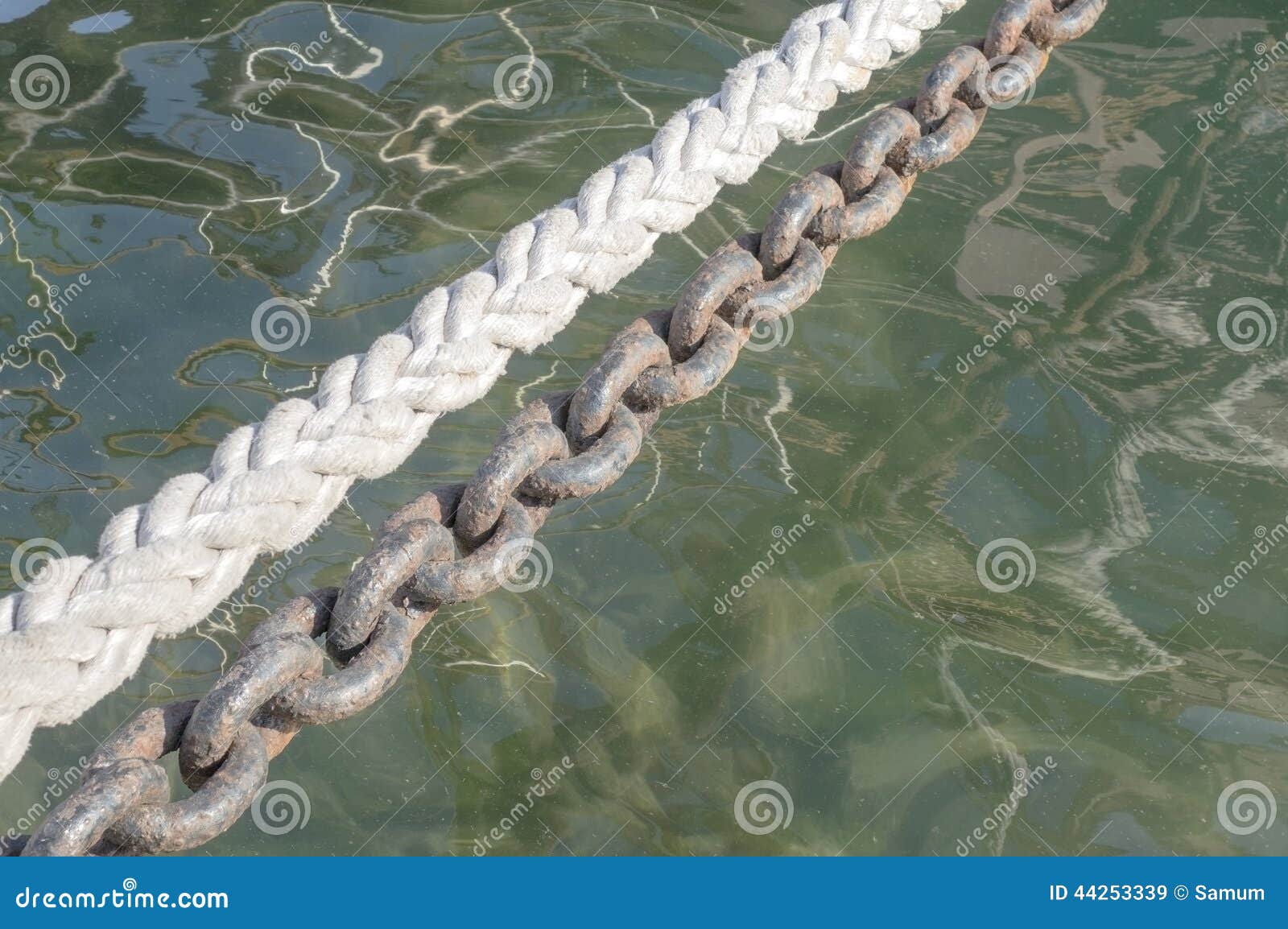 Single Rope Line and Anchor Chain Stock Image - Image of attached ...