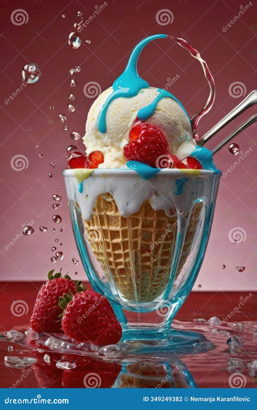 Single Scoop Ice Cream Cone with Strawberries, Whipped Cream, and ...