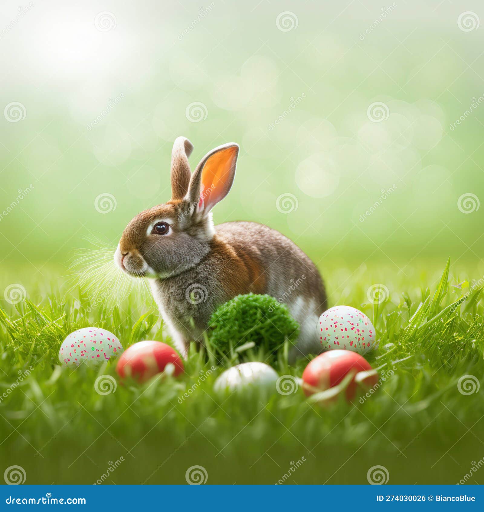 Single Sedate Furry Beveren Rabbit Sitting on Green Grass with Easter ...