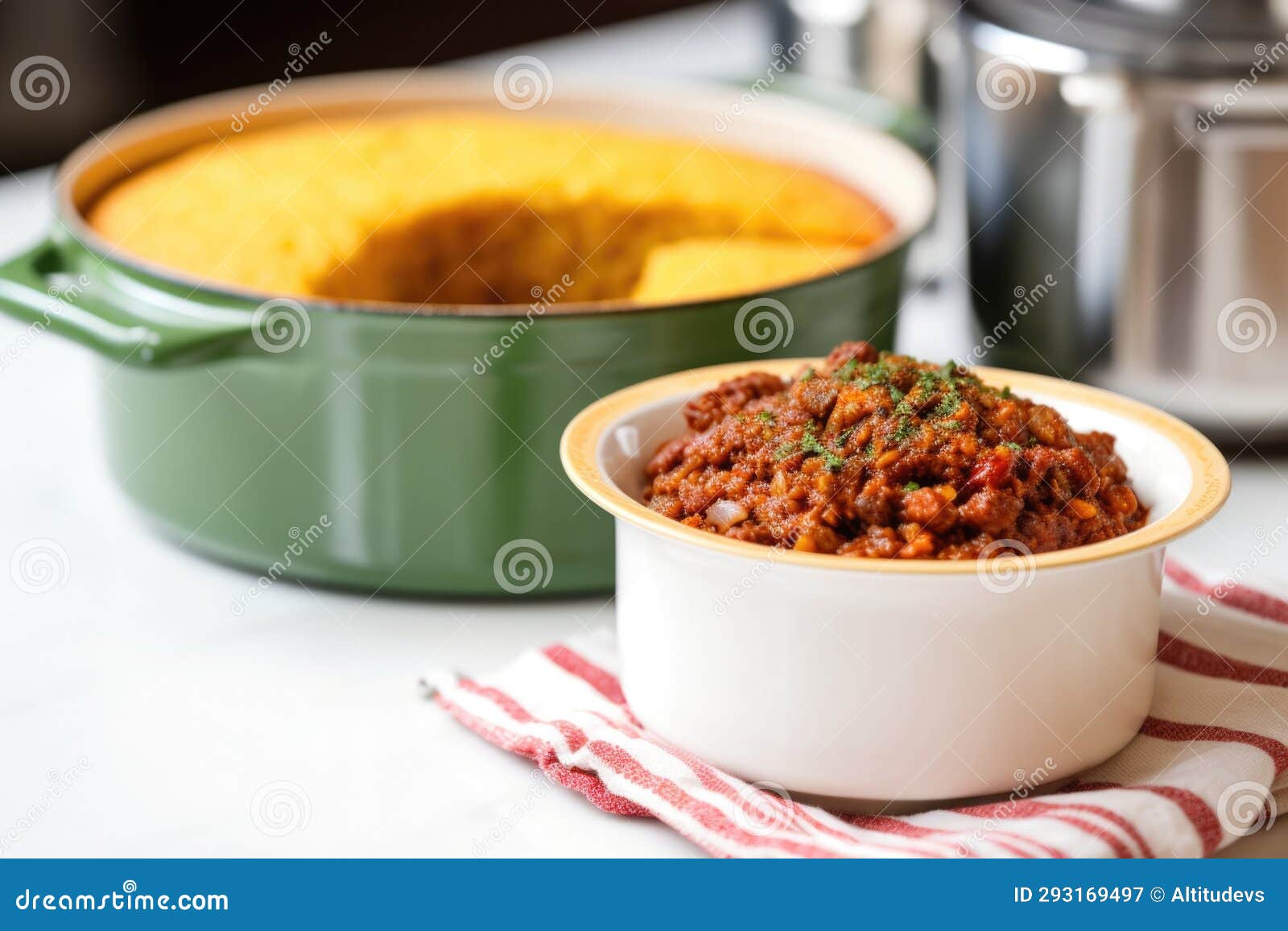 Single-serving Pot of Chili with Cornbread on a Kitchen Counter Stock ...