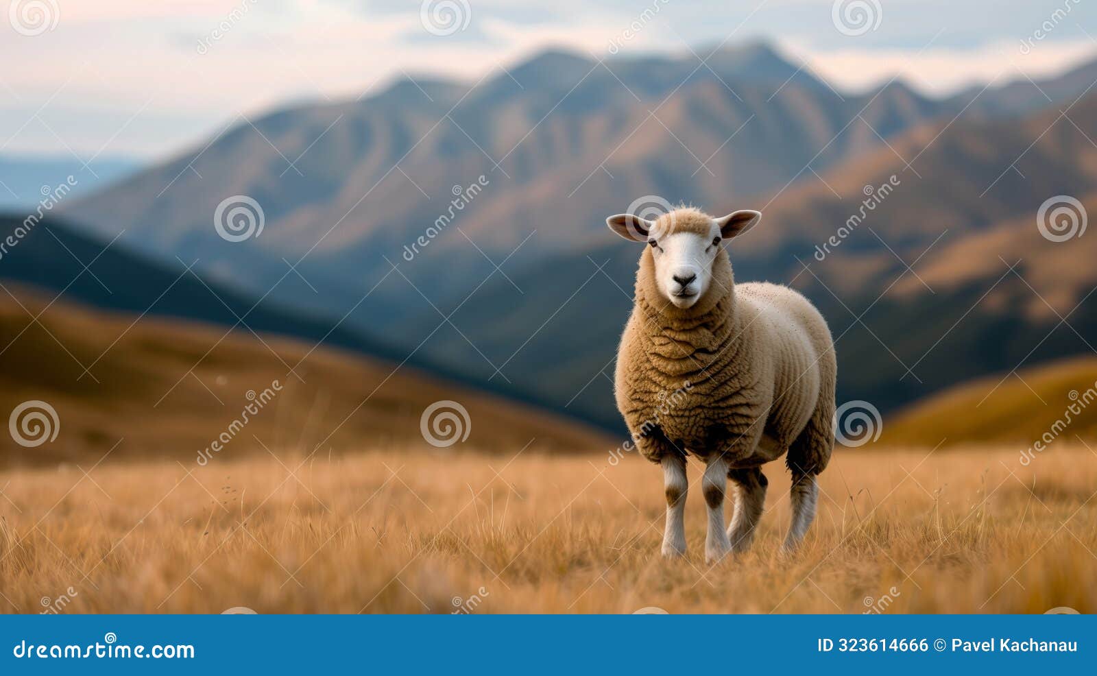 A Single Sheep Walks through a Field, with Mountains in the Background ...
