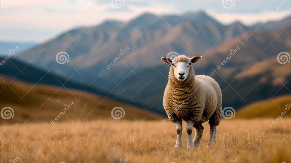 A Single Sheep Walks through a Field, with Mountains in the Background ...