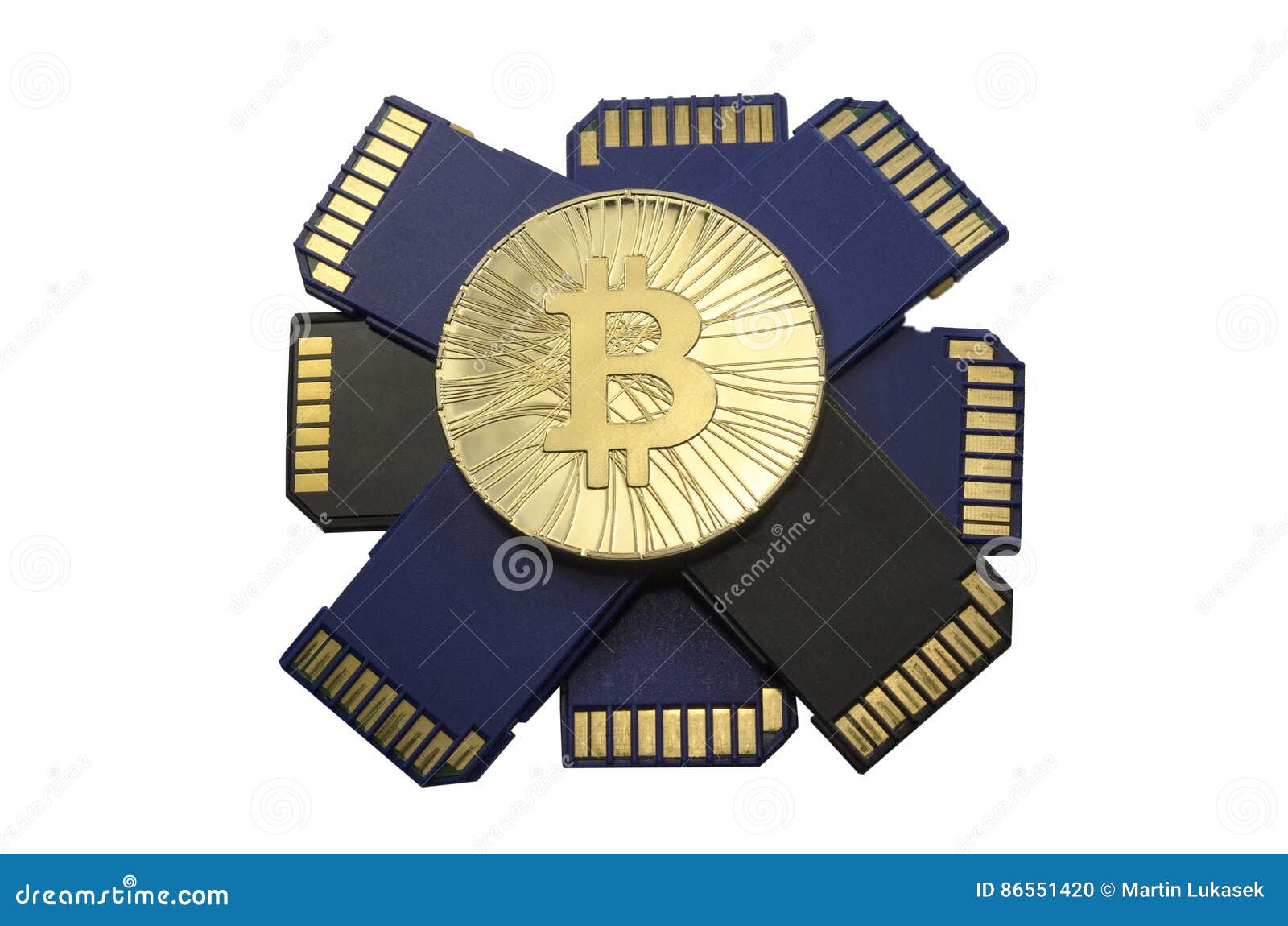 Single Shiny Gold Bitcoin Coin with Memory Cards on White Backg Stock ...