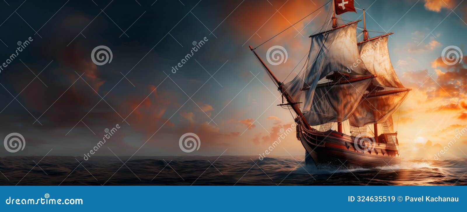 A Single Ship with Billowing Sails Sets Sail at Sunset Stock ...