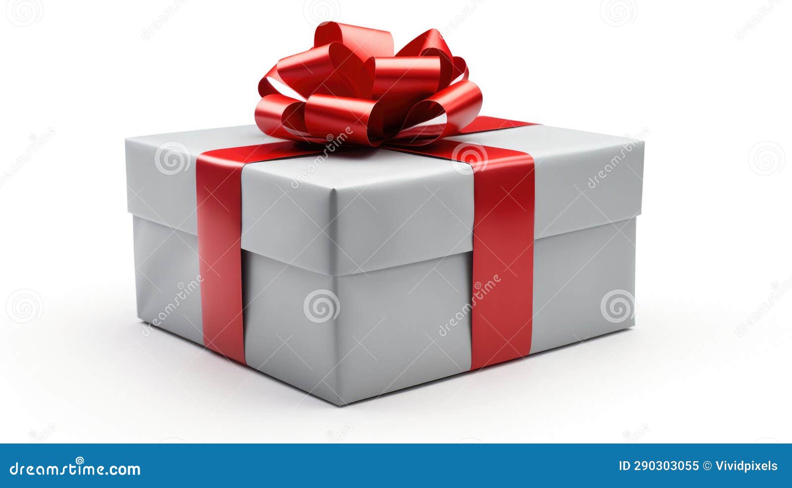 Single Silver Christmas Gift Wrapped in Red Ribbon and Bow Angled View ...