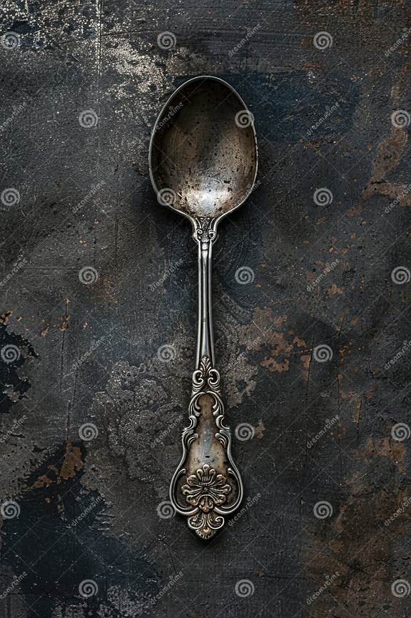 A Single Silver Spoon Lying on a Dark, Black Surface Stock Image ...