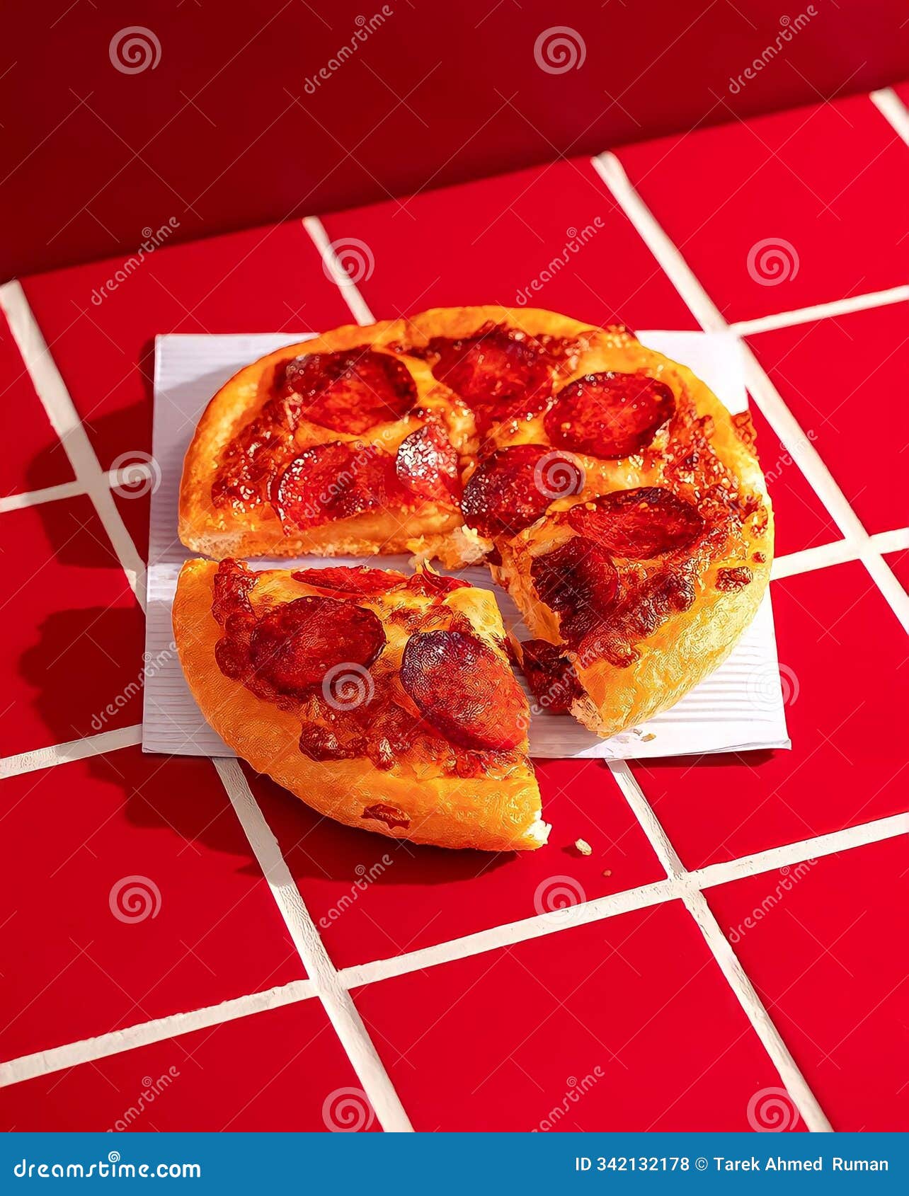 A Single Slice of Pepperoni Pizza on a White Paper Square Sits on a Red ...