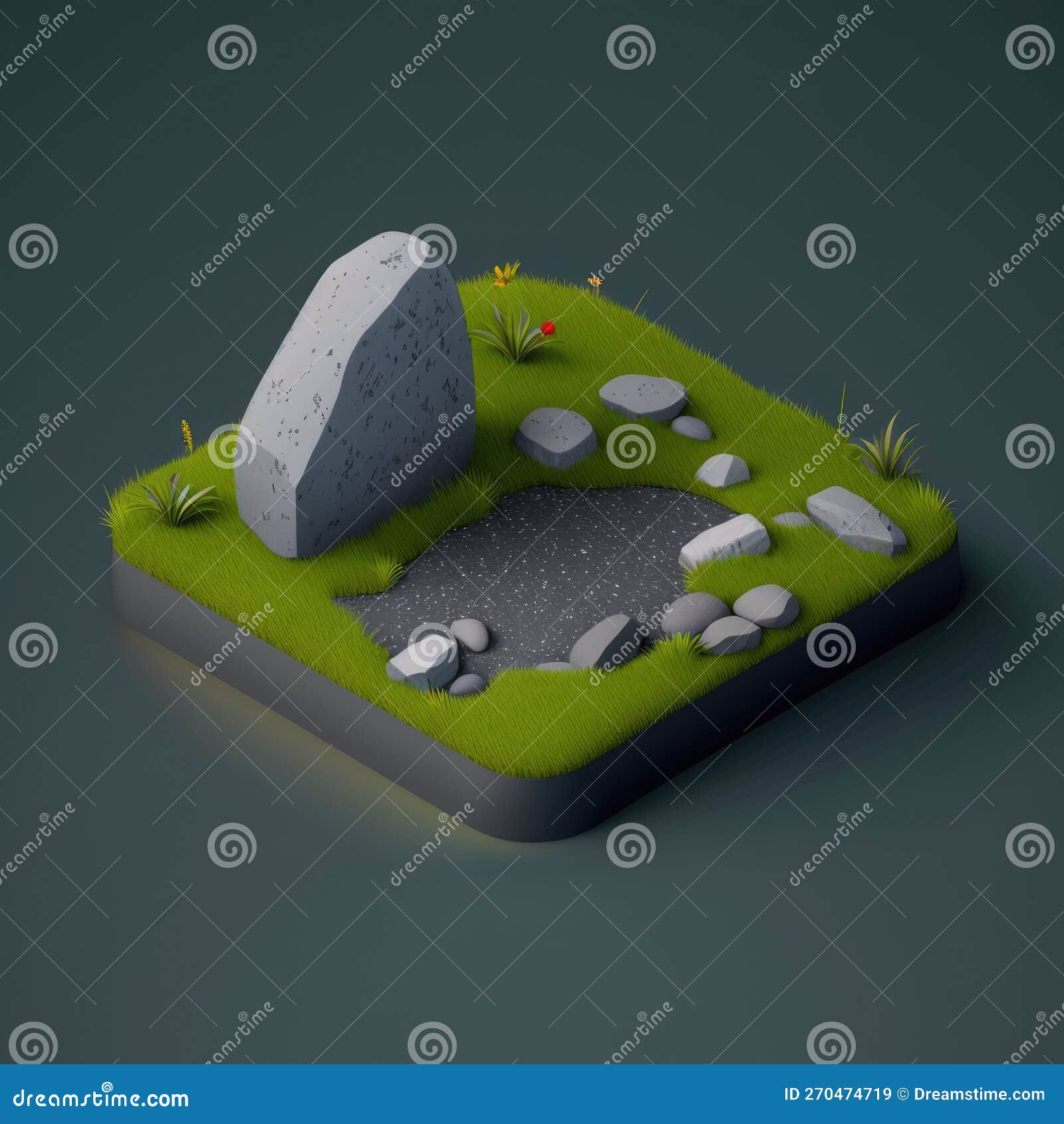 Single Small Stone Lightly Rolling Down a Hill, Isometric Low Poly View ...
