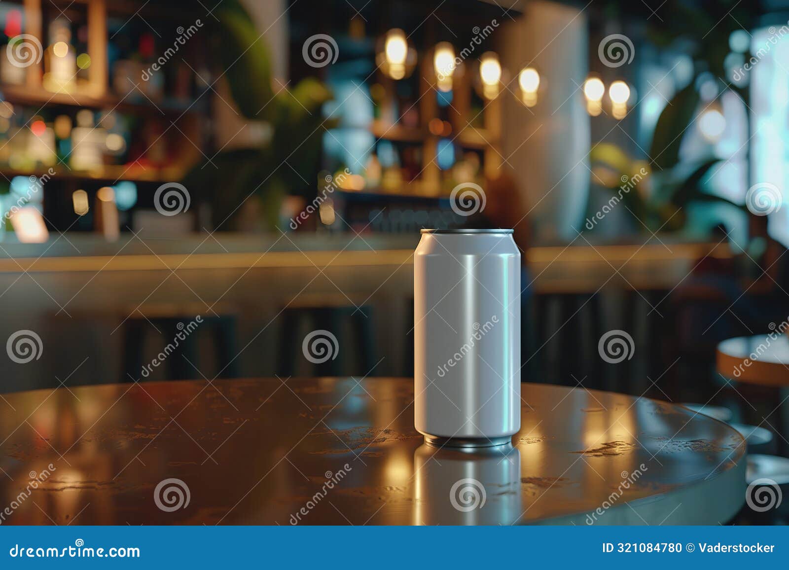 Single Soda Can on Wood Table in Trendy Cafe Stock Illustration ...