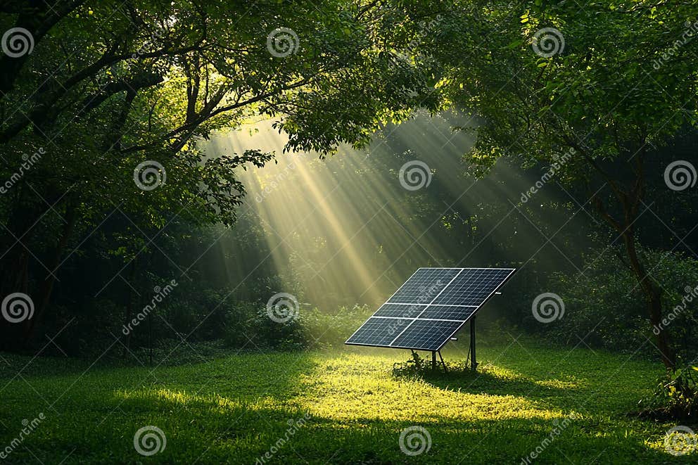 A Single Solar Panel Embedded in a Lush Green Landscape Stock ...