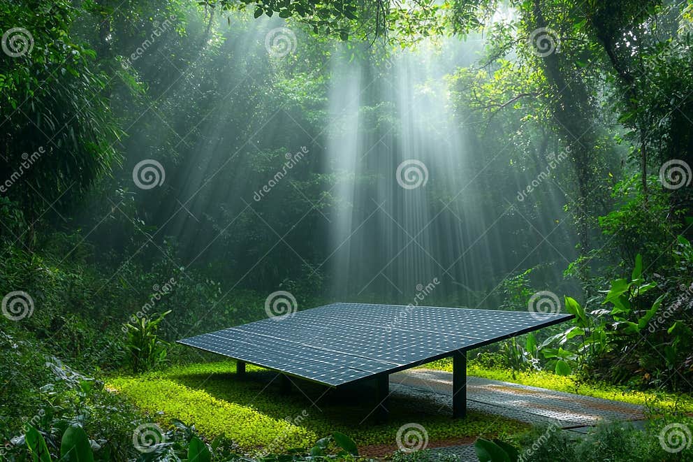 A Single Solar Panel Embedded in a Lush Green Landscape Stock ...