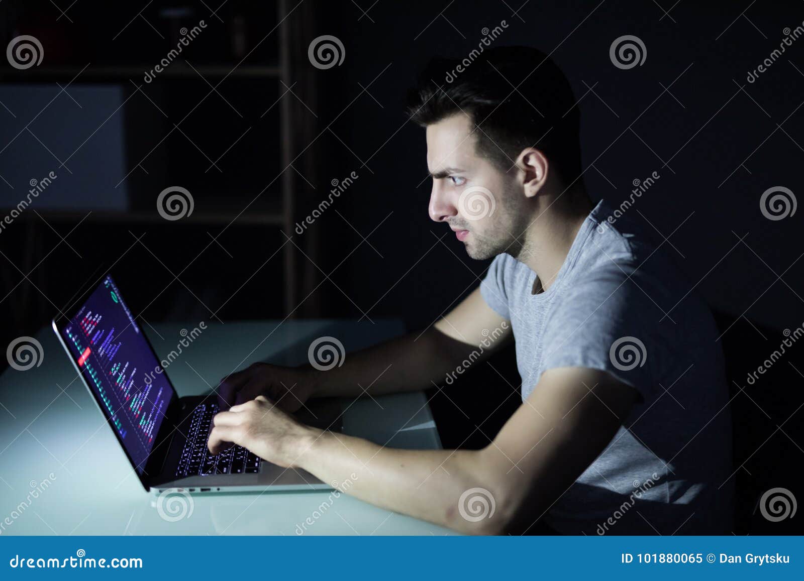 Single Solitary Computer Hacker Works in the Dark Committing Crime in ...