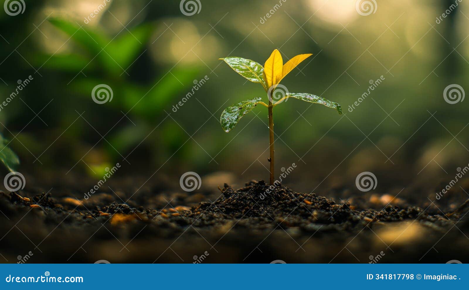 A Single Sprout With Yellow Leaves Emerging From Dark Soil In A Forest ...