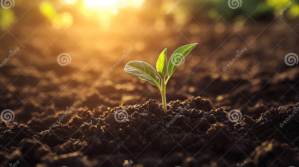 A Single Sprout Emerging from Rich Soil in Warm Sunlight Stock ...
