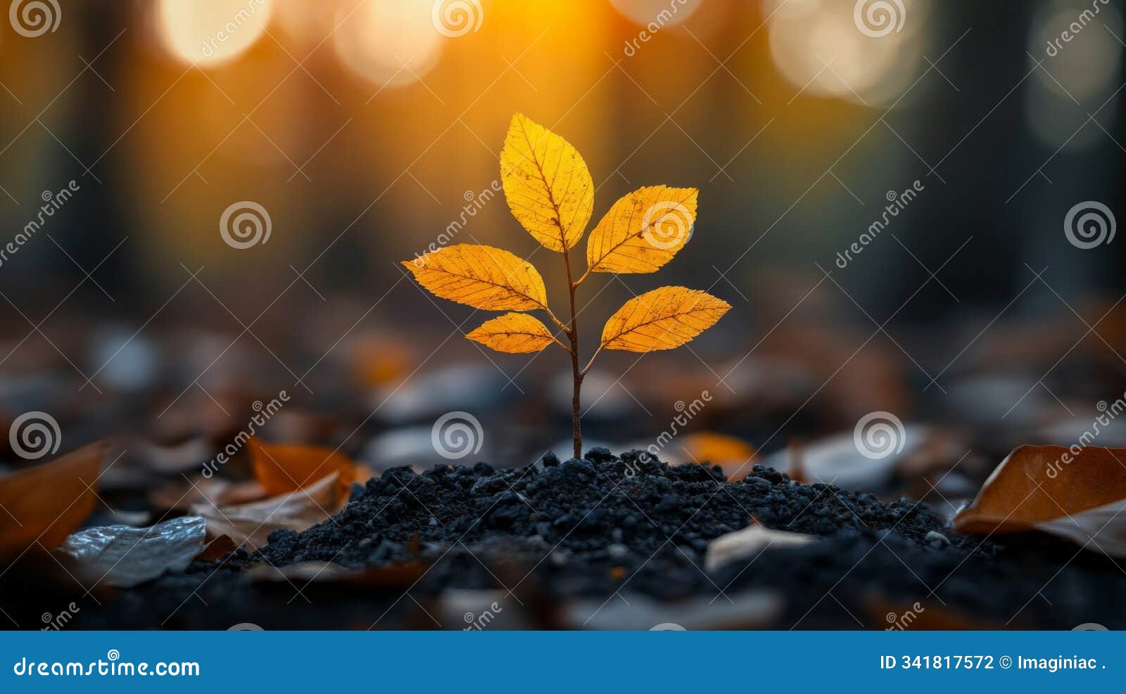 A Single Sprout with Yellow Leaves Emerging from Dark Soil in a Forest ...