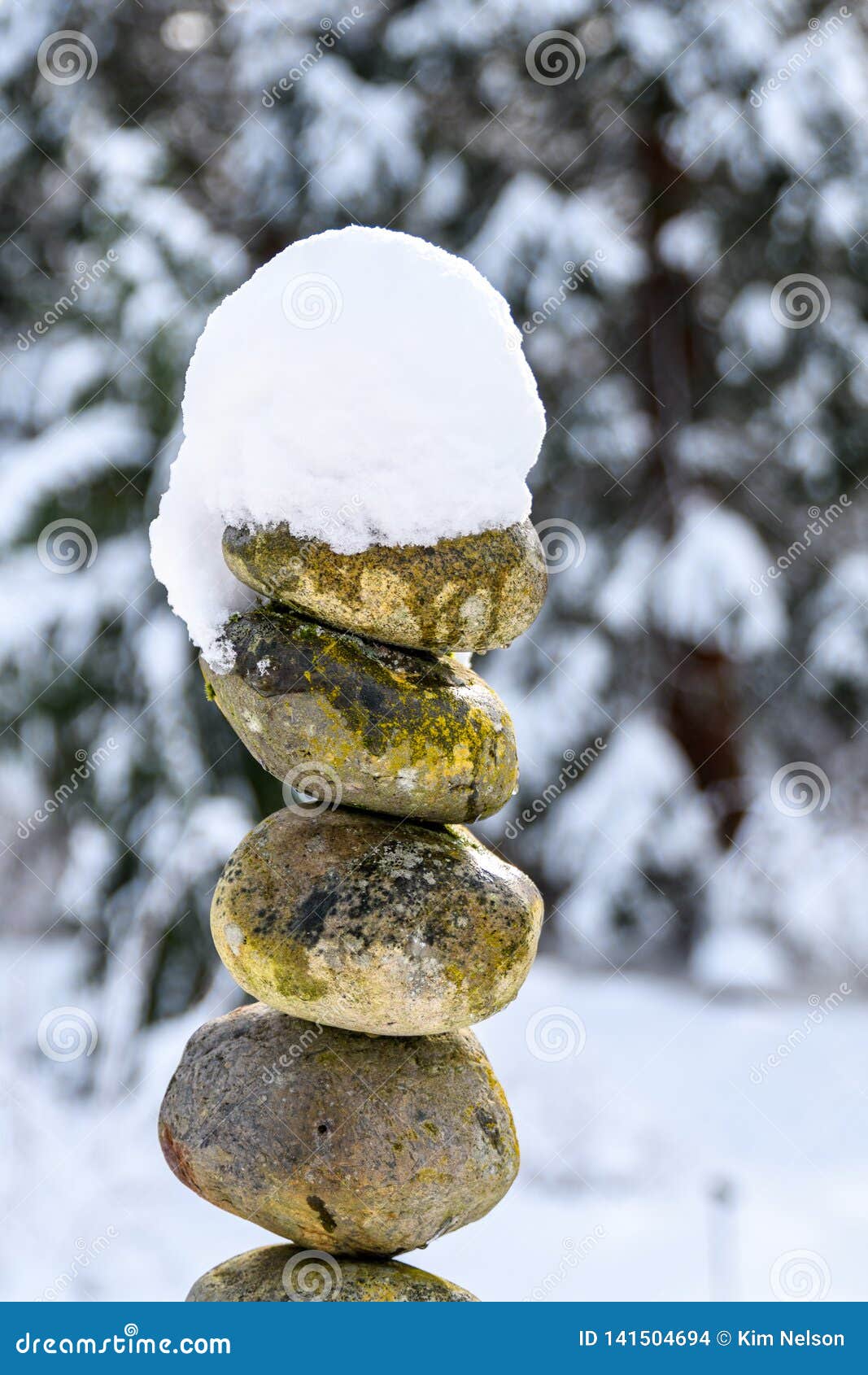 Single Stack of Snow Covered Round Rocks in a Peaceful Snowy Zen Garden ...