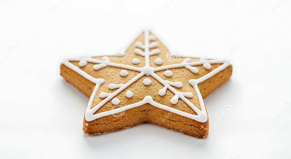 A Single Star Shaped Gingerbread Cookie with White Icing Details on a ...