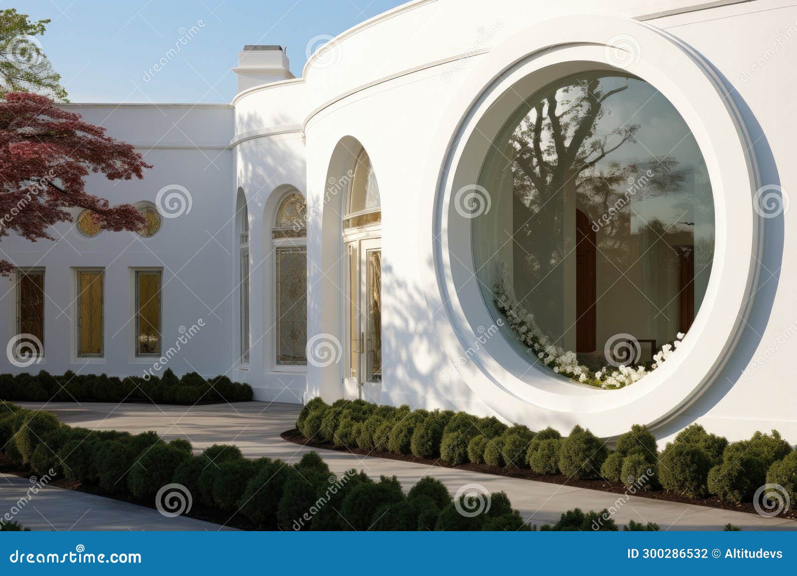 A Single-story, White House with a Large, Circular Window Stock ...