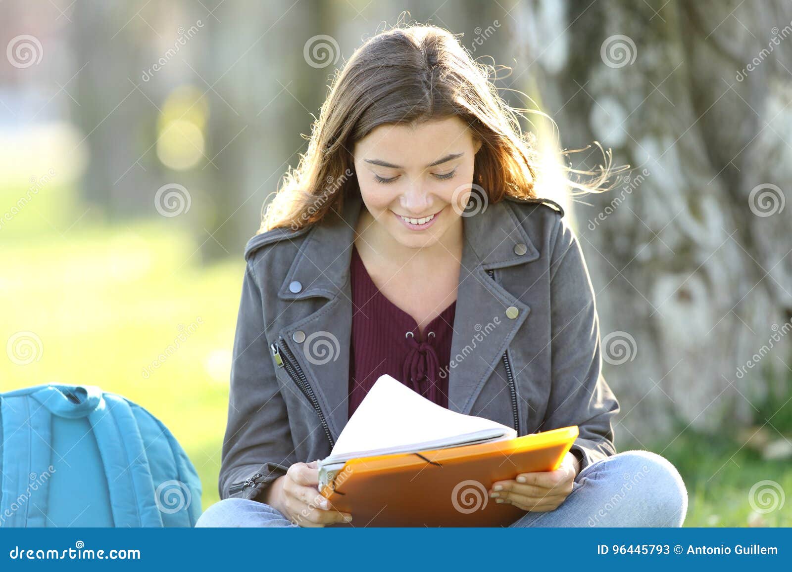 Single Student Girl Studying Reading Notes Stock Image - Image of ...