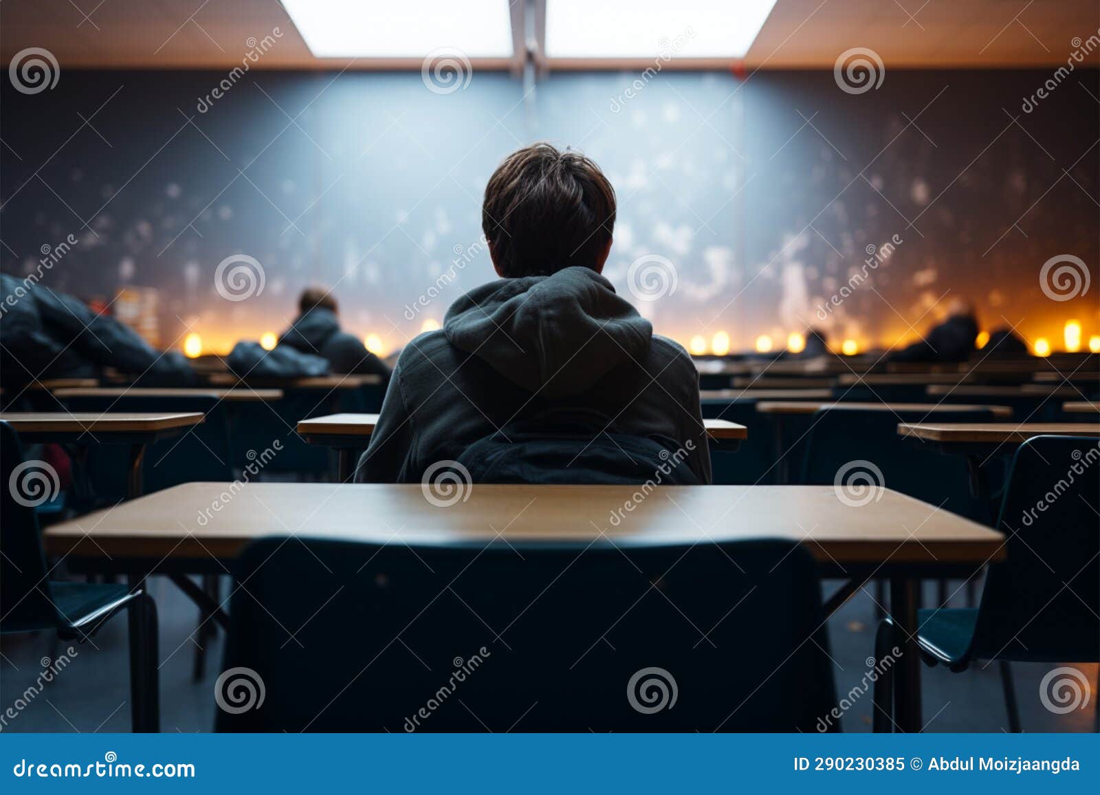 A Single Student Sits Alone, Viewed from the Classrooms Rear Stock ...