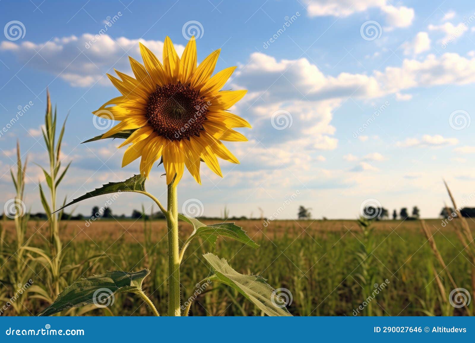 A Single Tall Sunflower in a Field of Short Grass Stock Photo - Image ...