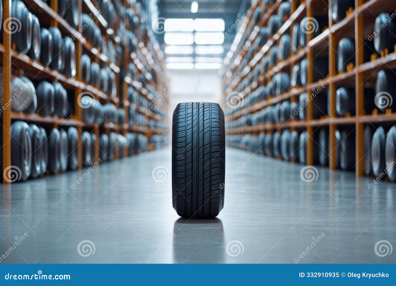 A Single Tire Stands Proud in a Spacious Warehouse. Shelves Filled with ...