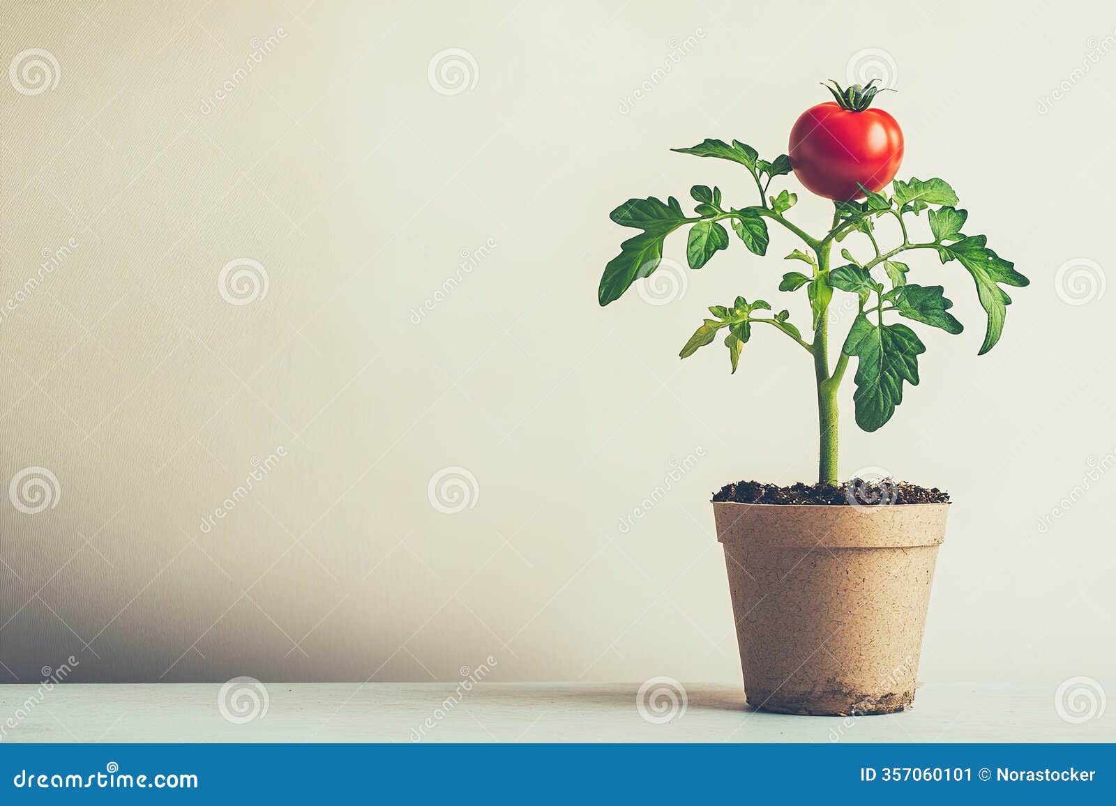 A Single Tomato Plant in a Biodegradable Pot, Styled on a Pale Surface ...