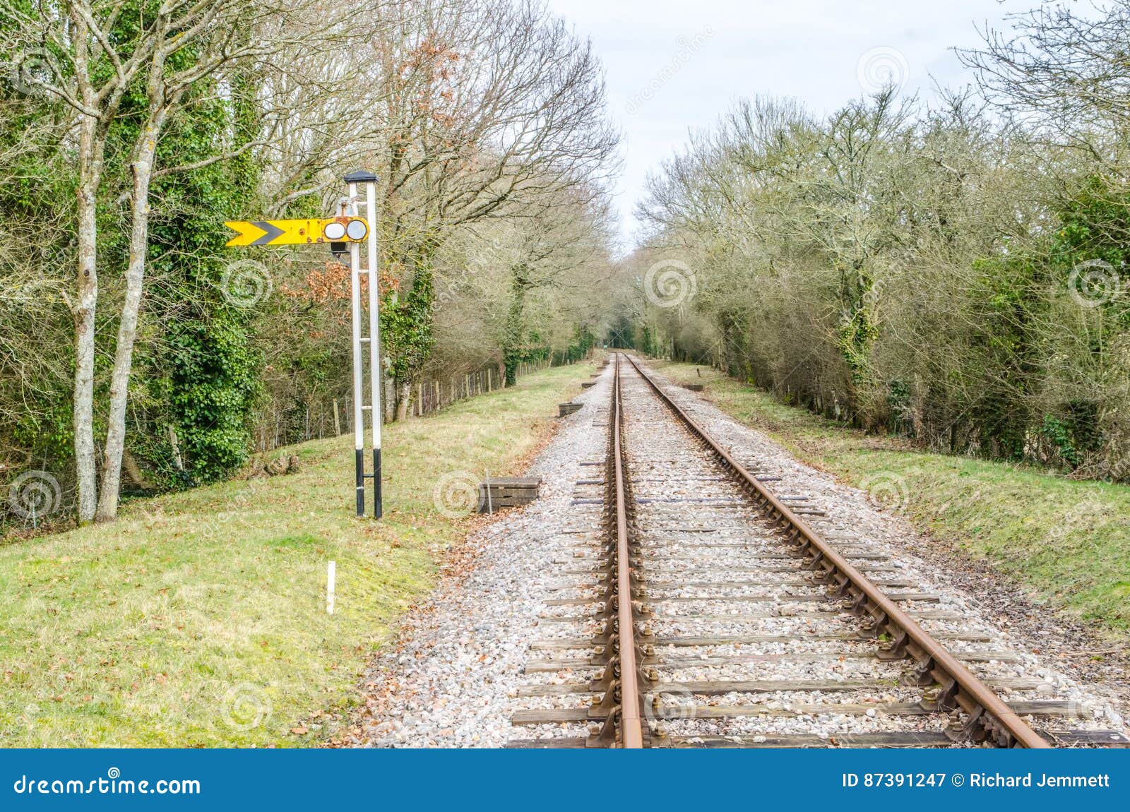 Single Track Railway Line with Yellow Signal Stock Image - Image of ...