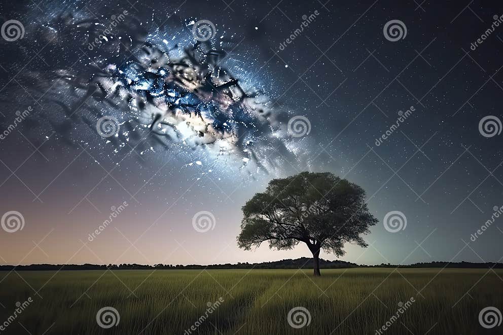 A Single Tree in a Field with Beautiful Space Background Stock ...