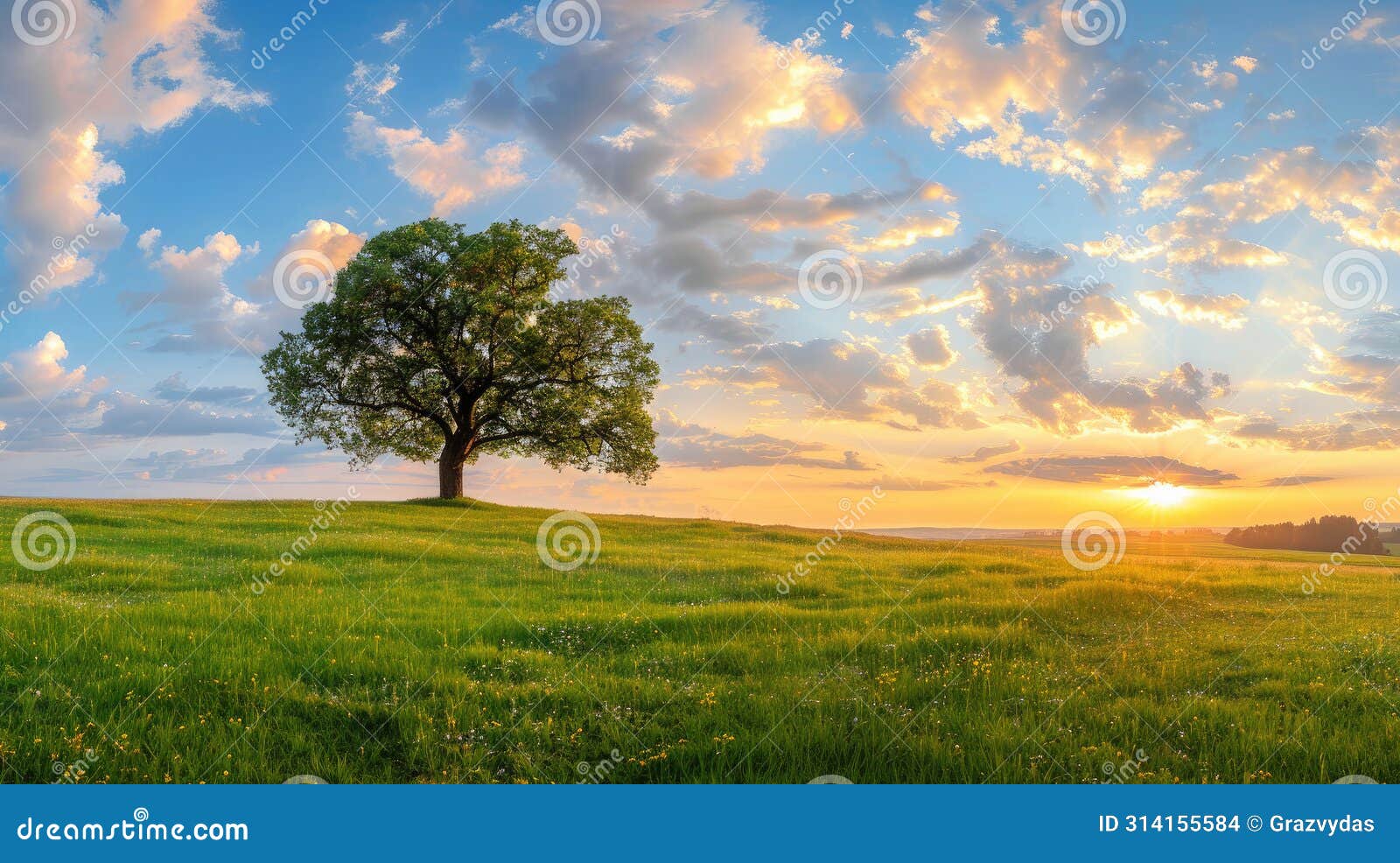 Single Tree in Field Under Magical Sunset Sky Stock Illustration ...