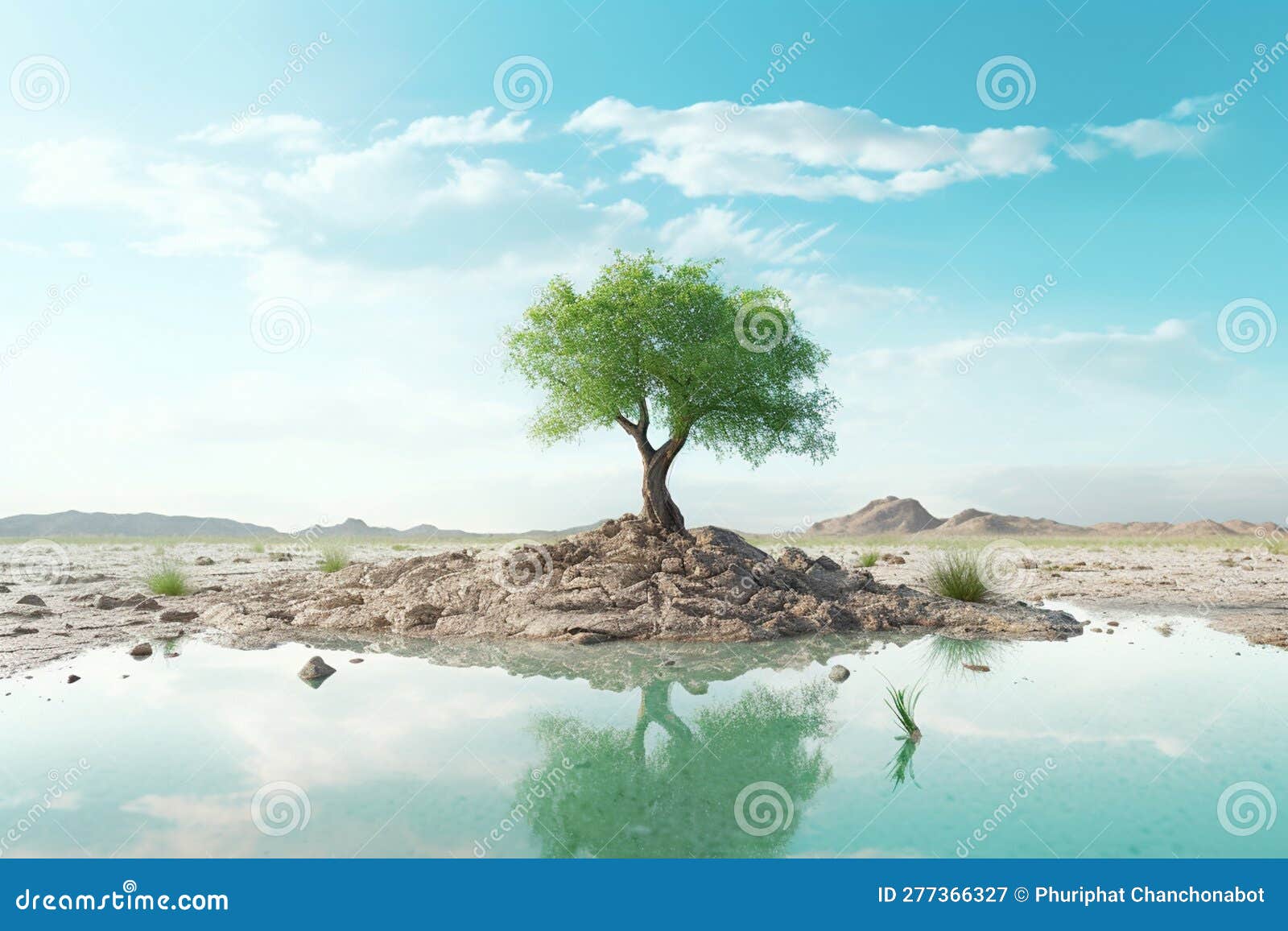 Single Tree in the Middle of a Broken Desert in Global Warming Concept ...